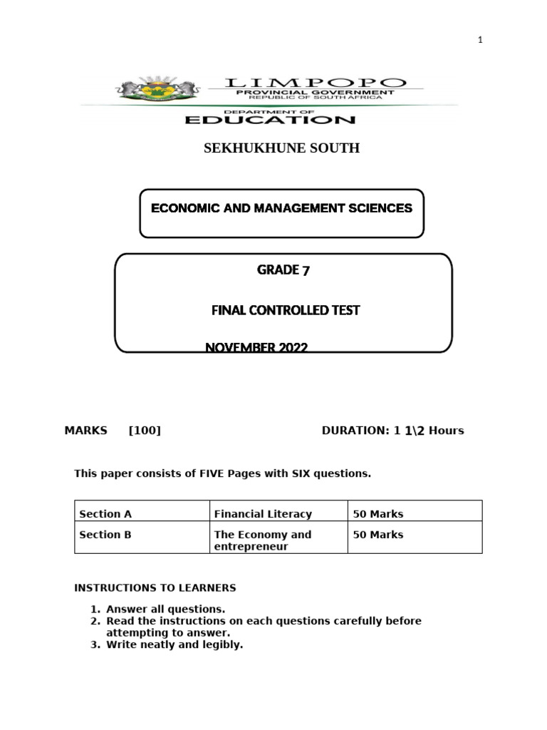 Grade 7 EMS November 2022 Exam Paper | PDF | Banks | Entrepreneurship