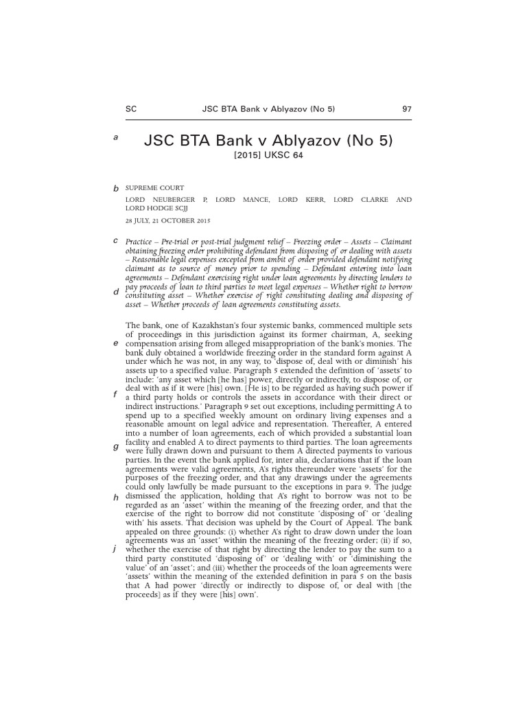 JSC BTA Bank V Ablyazov (No 5) (2016) 1 All ER (Comm) 97 | PDF | Loans ...