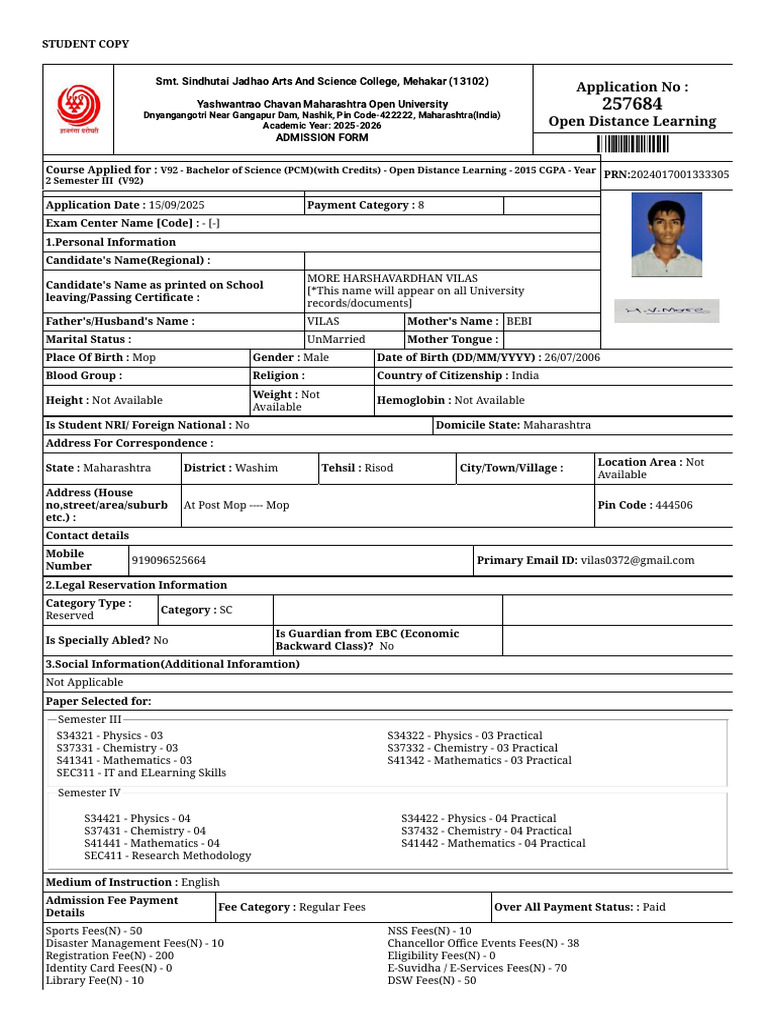 Harshavardhan More Adm Form | PDF | Tuition Payments