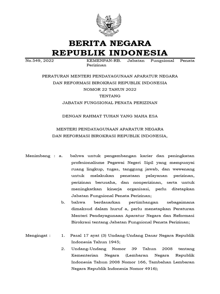 Peraturan Jabatan Fungsional Penata Perizinan | PDF