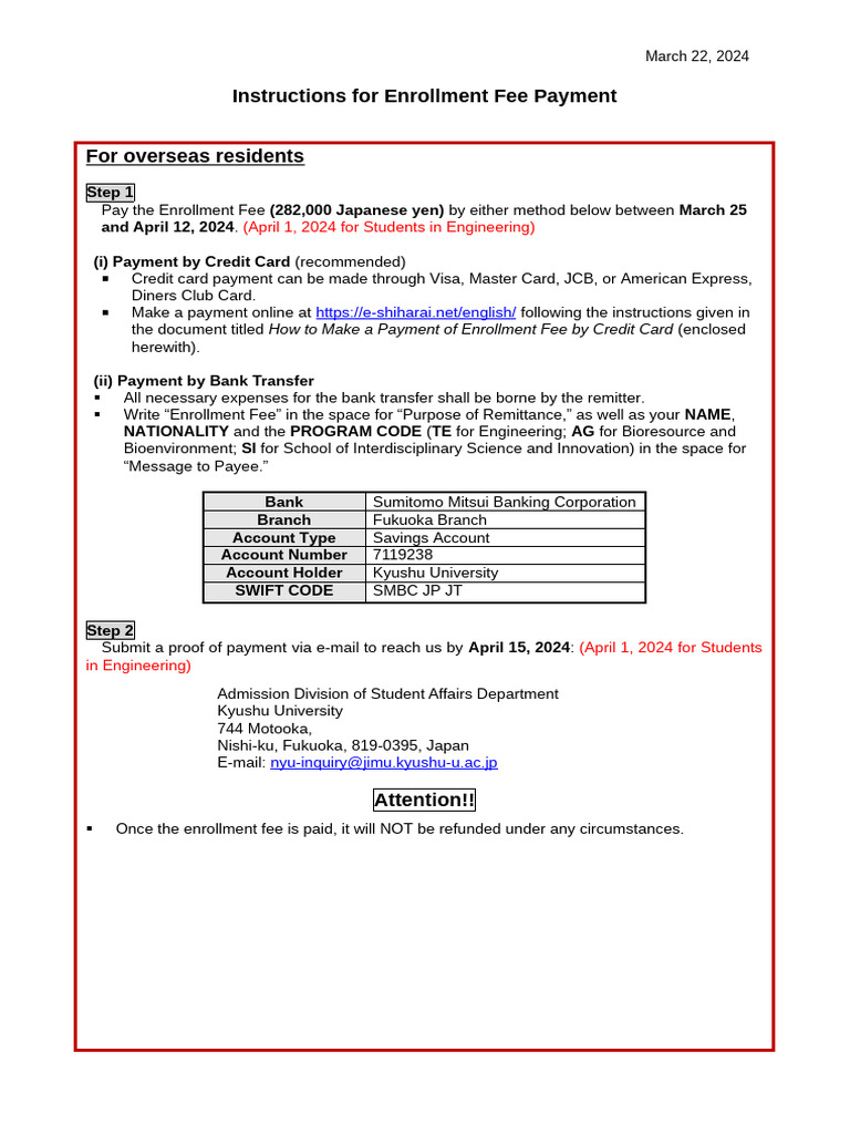 Instructions For Enrollment Fee Payment | PDF | Payments | Credit Card