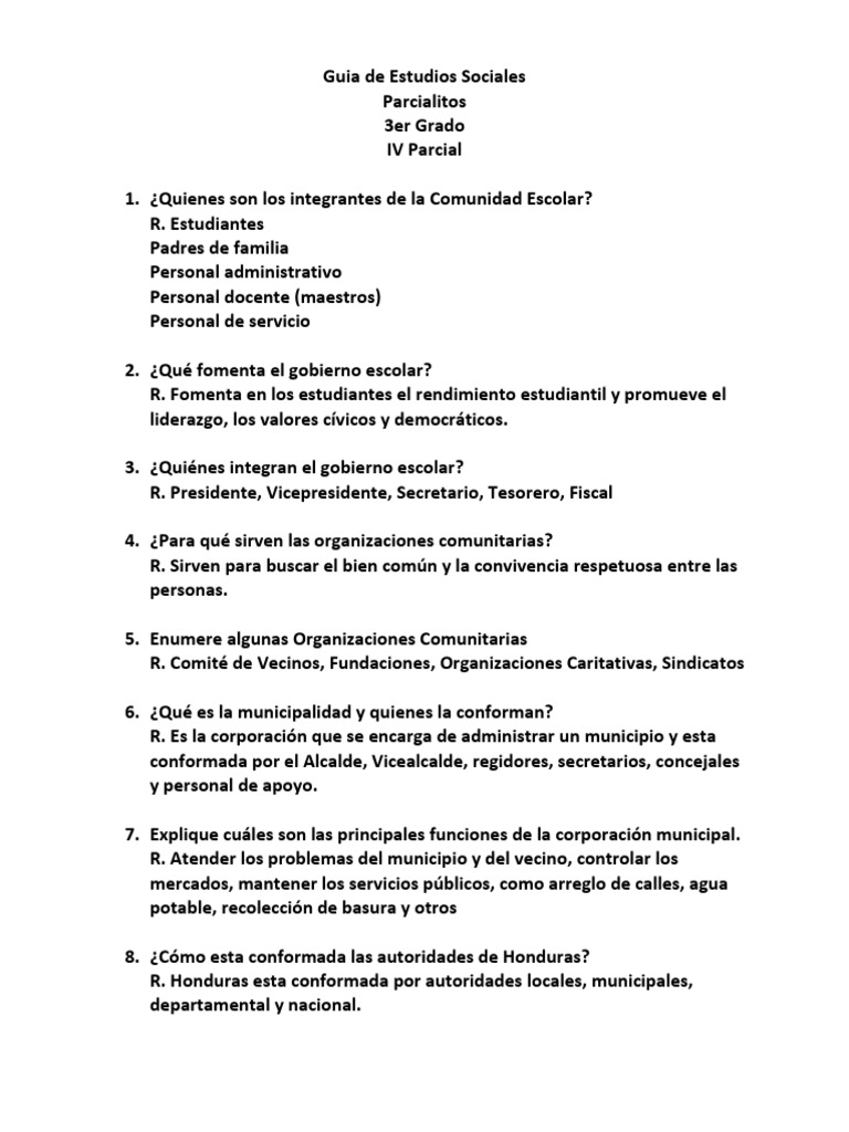 Guia de Estudios Sociales 3rd Grade Midterm IV Quarter | PDF