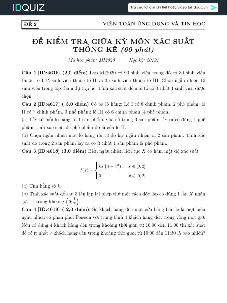 Idquiz - VN - Đề Giữa Kỳ Xác Suất Thống Kê MI2020 | PDF