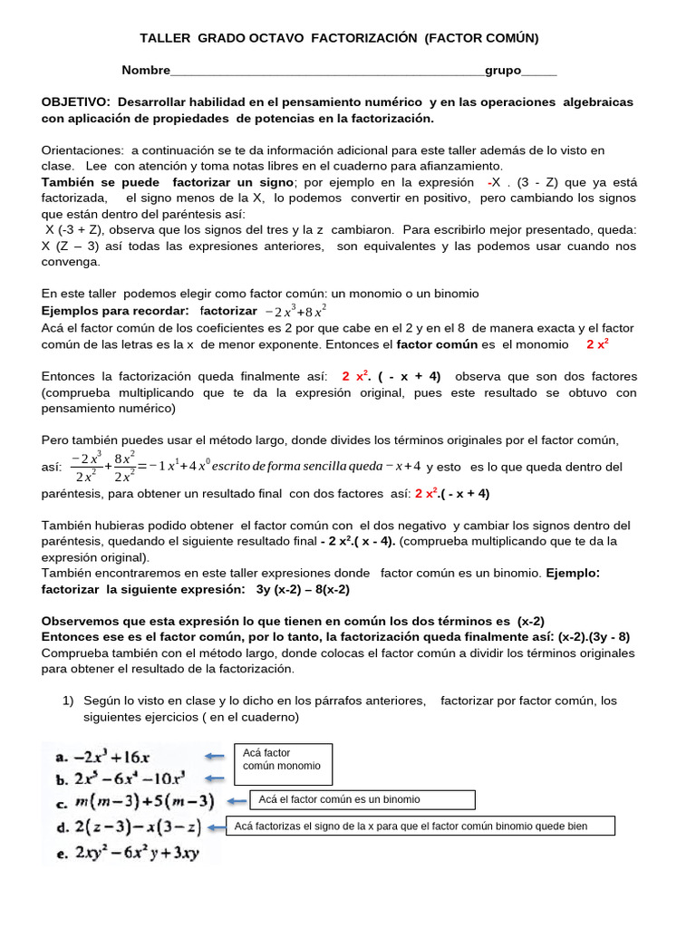 Taller Factor Común Grado Octavo | PDF | Factorización | Álgebra