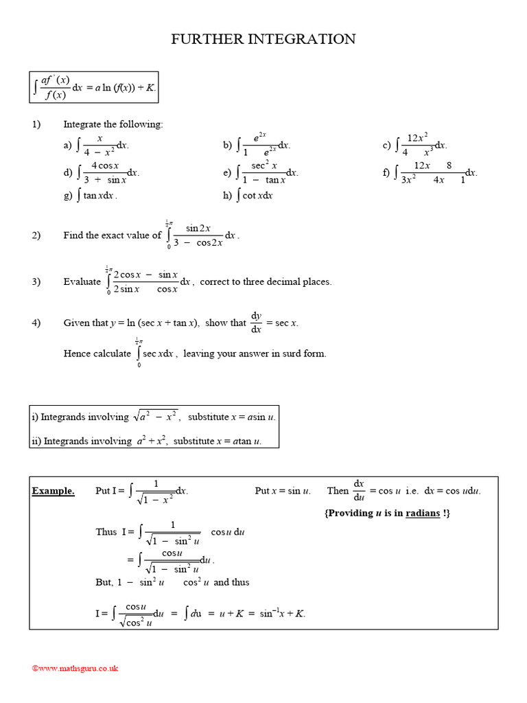 Further Integration Techniques in A-Level Maths | PDF | Arithmetic ...