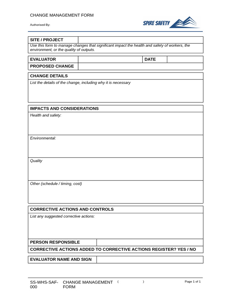 SS WHS SAF 000 Change Management Form | PDF