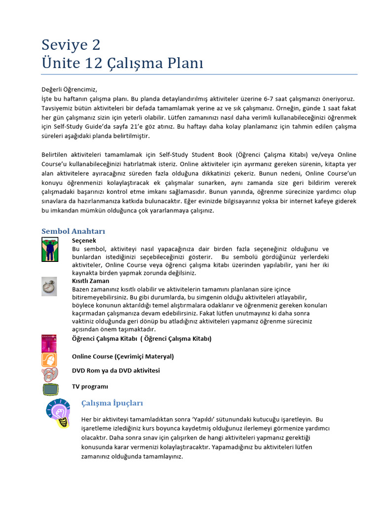 Study Plan Level 2 Unit 12 | PDF