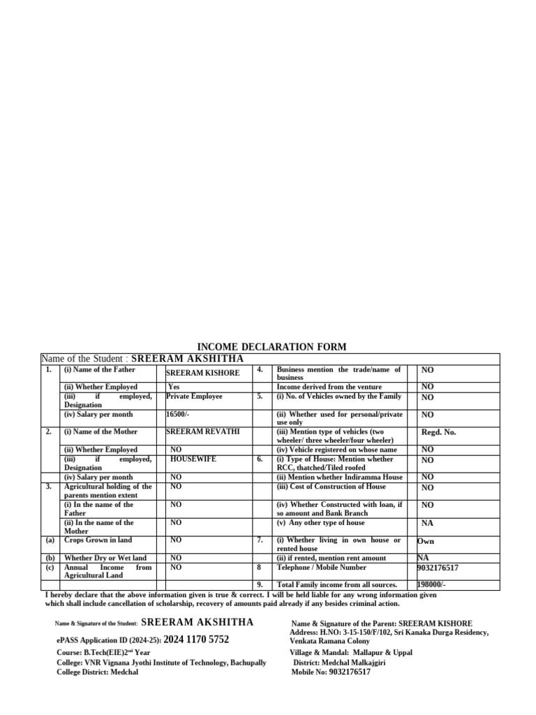 Income Declaration Form for Scholarship | PDF | Chess Theory