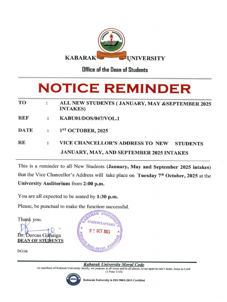 Notice Reminder - Vice Chancellor's Address | PDF