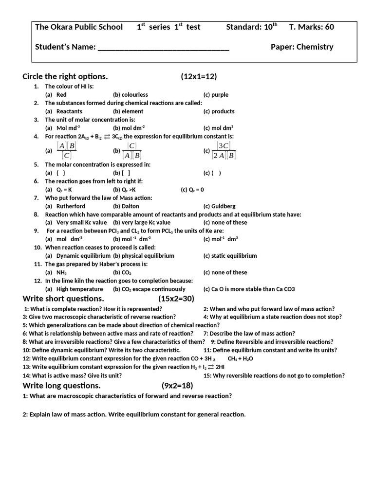 10th Grade Chemistry Test Paper | PDF | Chemical Equilibrium | Mole (Unit)