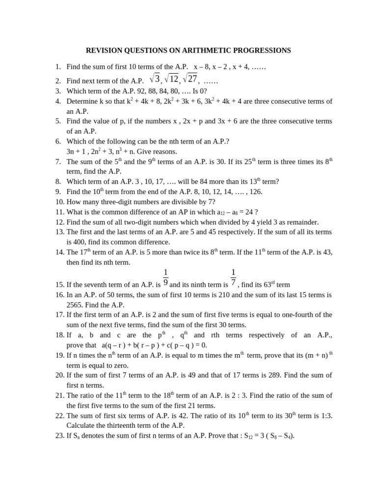 Arithmetic Progression Revision Questions | PDF | Mathematics ...