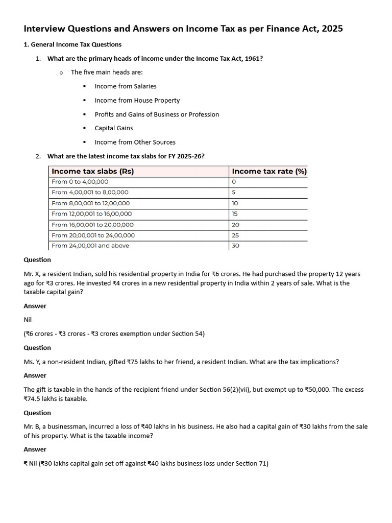 Interview Questions and Answers On Income Tax As Per Finance Act | PDF | Taxes | Double Taxation