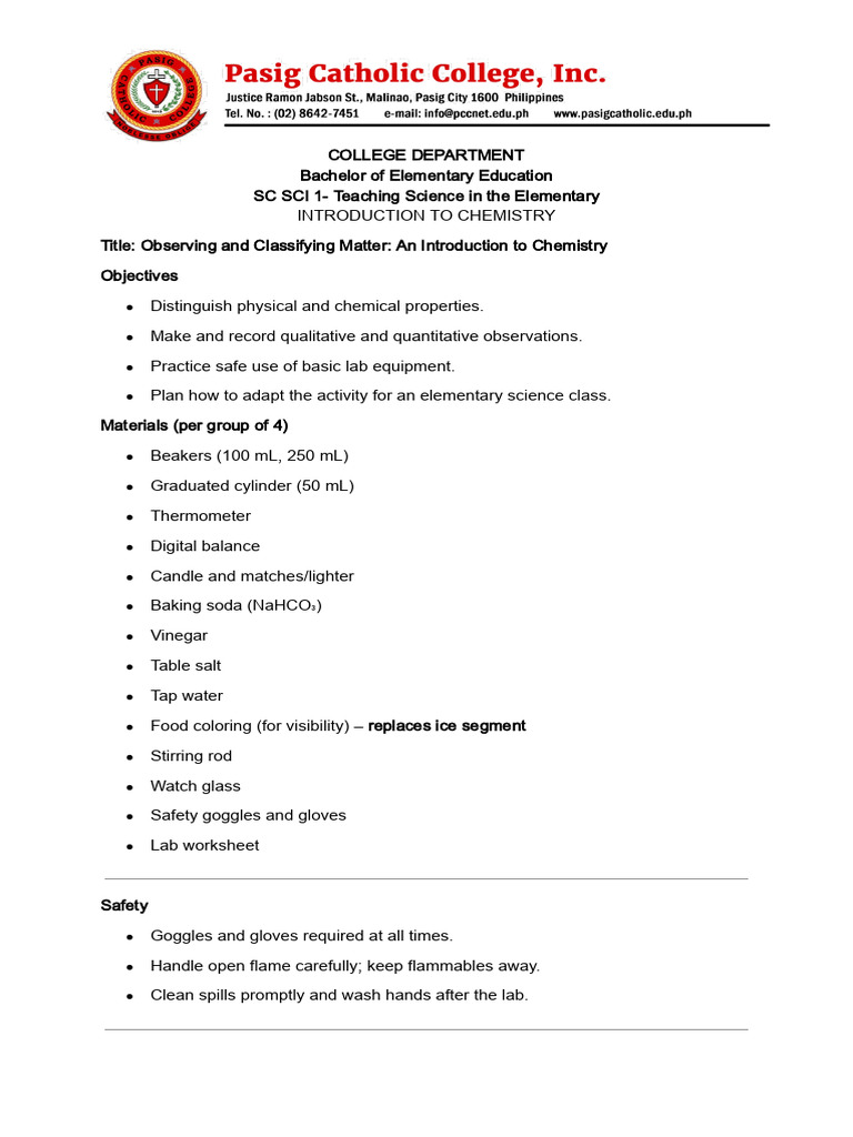Introduction to Chemistry Lab Activities | PDF | Sodium Bicarbonate | Water