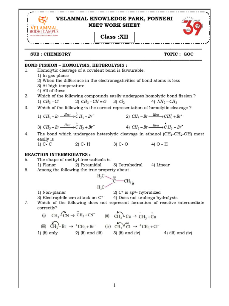 NEET Chemistry Worksheet: Bond Fission | PDF | Chemical Bond | Physical ...