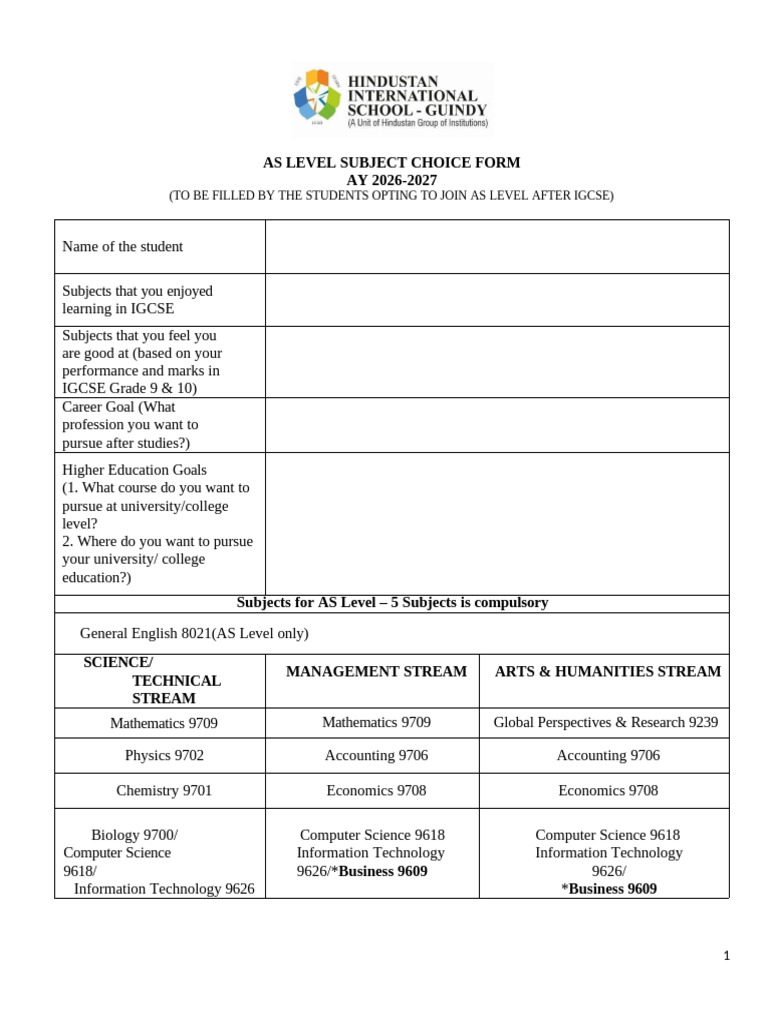 AS Level Subject Choice Form 2026-2027 | PDF | Curriculum | Educational ...