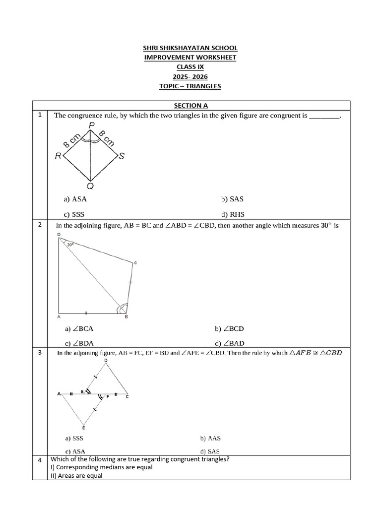 Class IX Triangle Worksheet 2025-2026 | PDF | Triangle | Euclidean ...
