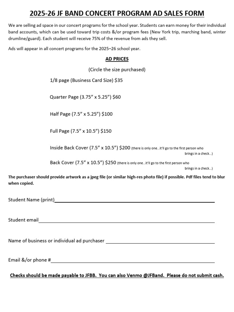 2025-26 JF Band Concert Program Ad Sales Form | PDF