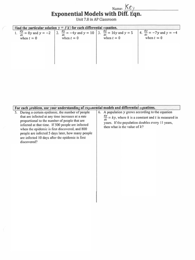 7.8 Exponential Model Diff. Eqn Key | PDF