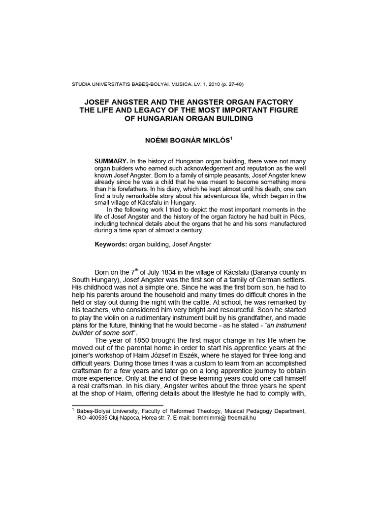 Josef Angster and The Angster Organ Facroy (N. Bognár-Miklós) | PDF ...