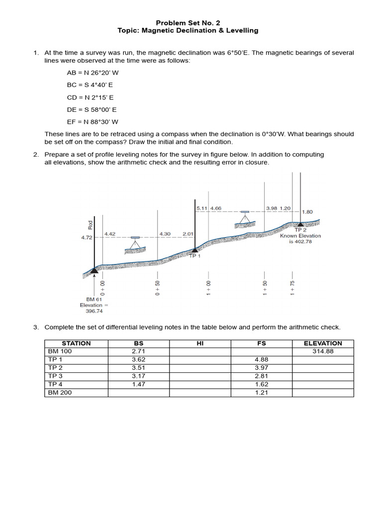 Problem Set No. 2 - Magnetic Declination - Levelling | PDF | Compass