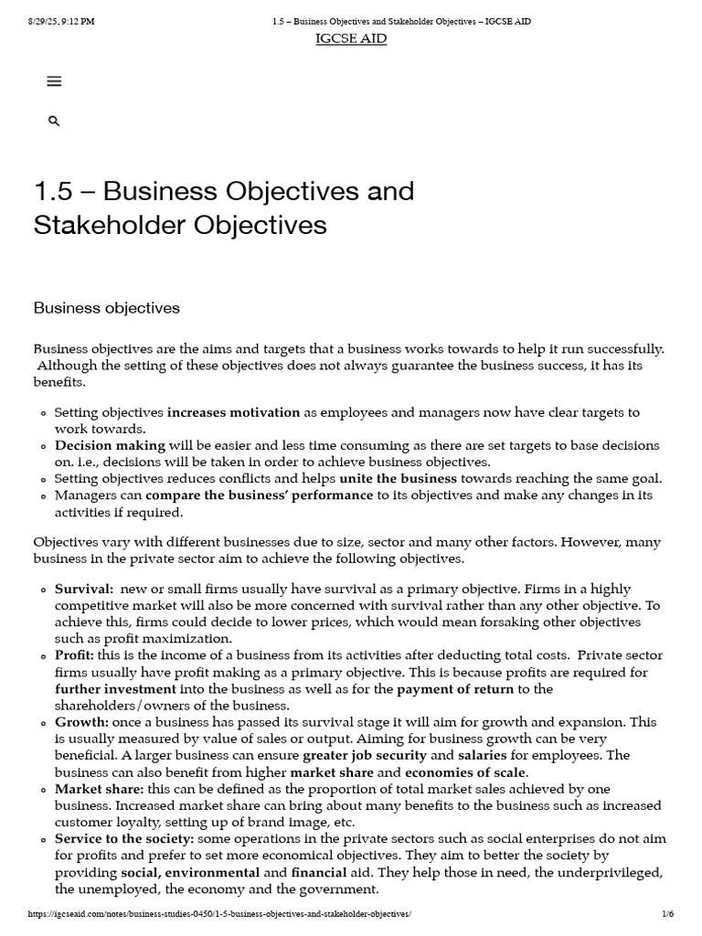 1.5 - Business Objectives and Stakeholder Objectives - IGCSE AID | PDF ...