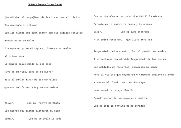 Volver Letra Tango - Carlos Gardel | PDF
