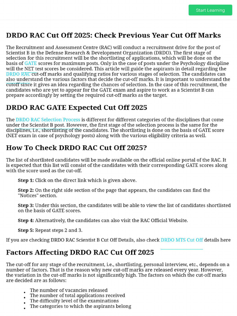 DRDO RAC Cut Off 2025 - Check Previous Year Cut Off Marks | PDF