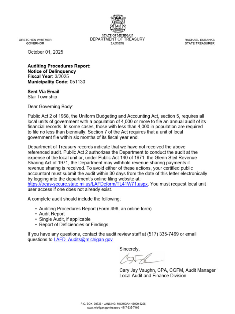 Michigan Local Government Audit Notice | PDF
