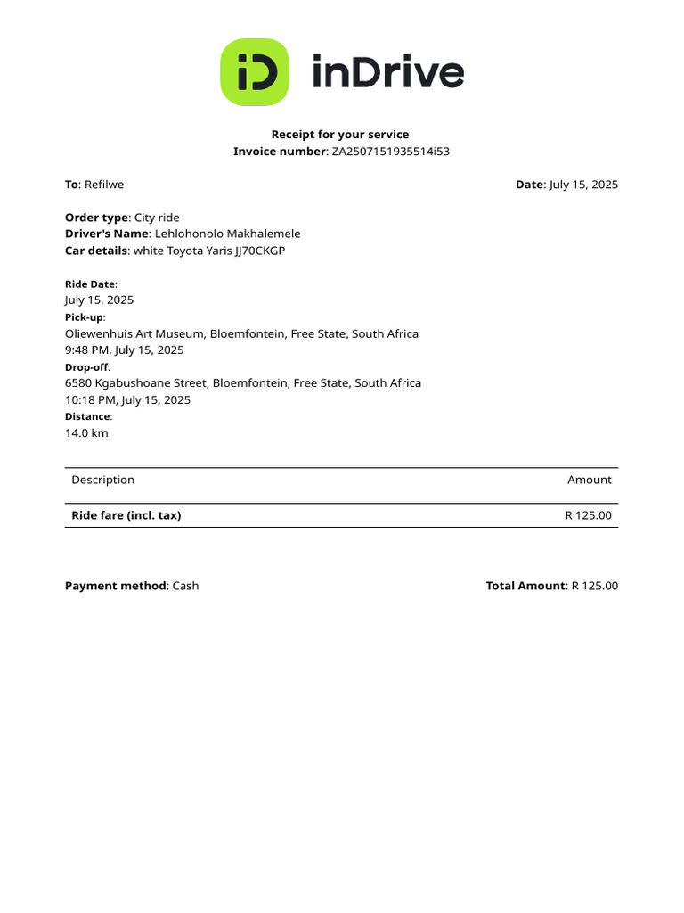 InDrive Receipt | PDF
