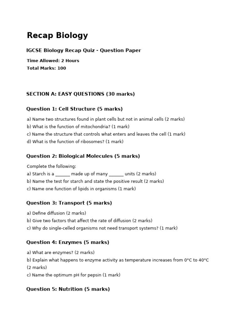 IGCSE Biology Recap Quiz Questions | PDF | Food Web | Genotype