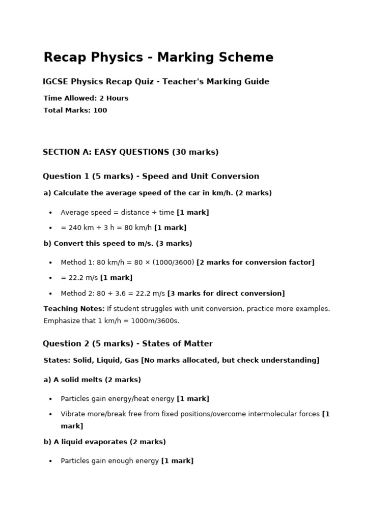 IGCSE Physics Recap Marking Guide | PDF | Buoyancy | Weight