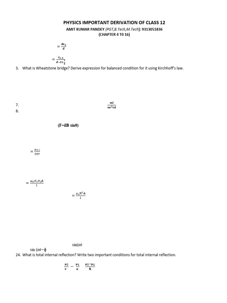 Physics Important Derivation of Class 12 2025 Mid Term | PDF | Inductor | Transformer