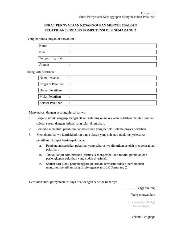 Surat Kesanggupan Pelatihan BLK Semarang 2 | PDF