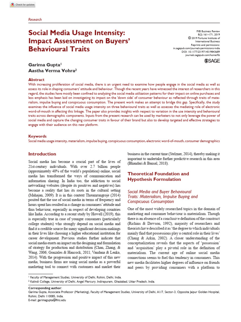 Social Media Usage Intensity: Impact Assessment On Buyers' Behavioural ...