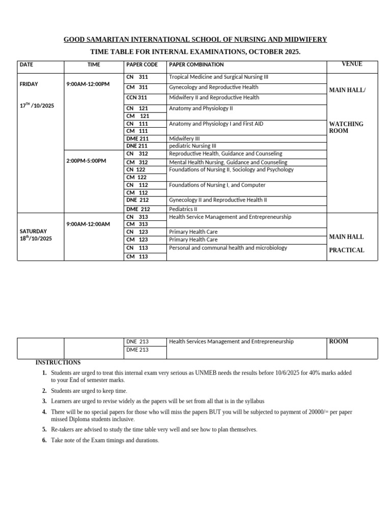 Time Table For Internal Exams May 2025 | PDF | Health Sciences | Medicine