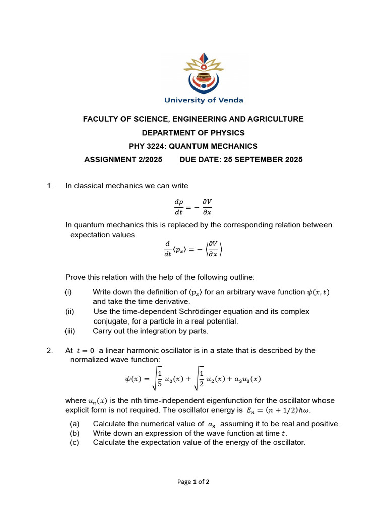 2025 Phy 3224 Assignment 2 | PDF | Wave Function | Schrödinger Equation
