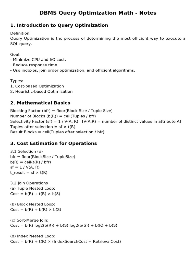 DBMS Query Optimization Math Notes | PDF | Mathematical Optimization ...