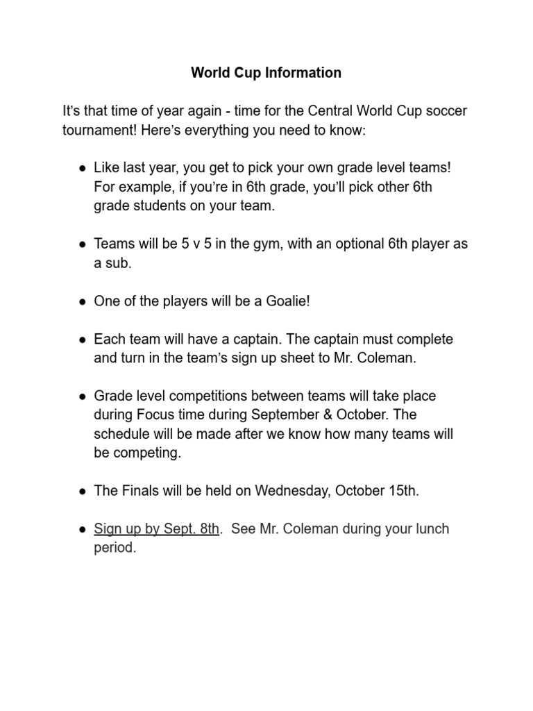 Central World Cup Soccer Tournament Info | PDF