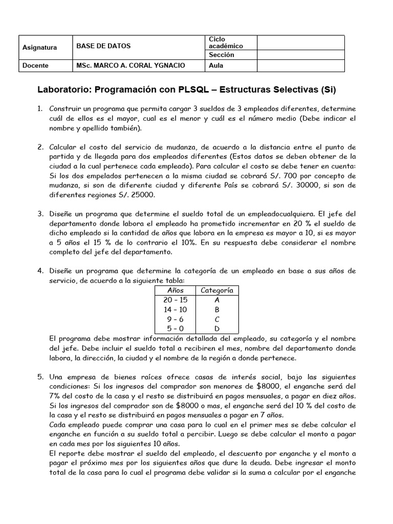 Programación PLSQL: Sueldos y Servicios | PDF