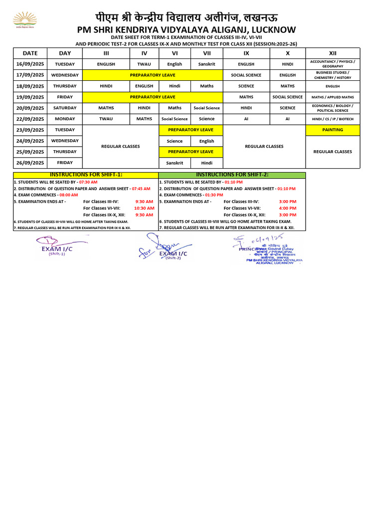 Date Sheet Term-1 (Iii-Iv, Vi-Vii) & PT-2 (Ix-X) & Mt-Sep (Xii) 2025 | PDF