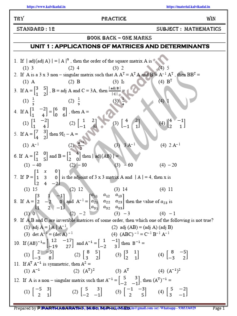 12th Maths One Mark Question Bank EM | PDF | Zero Of A Function | Matrix (Mathematics)