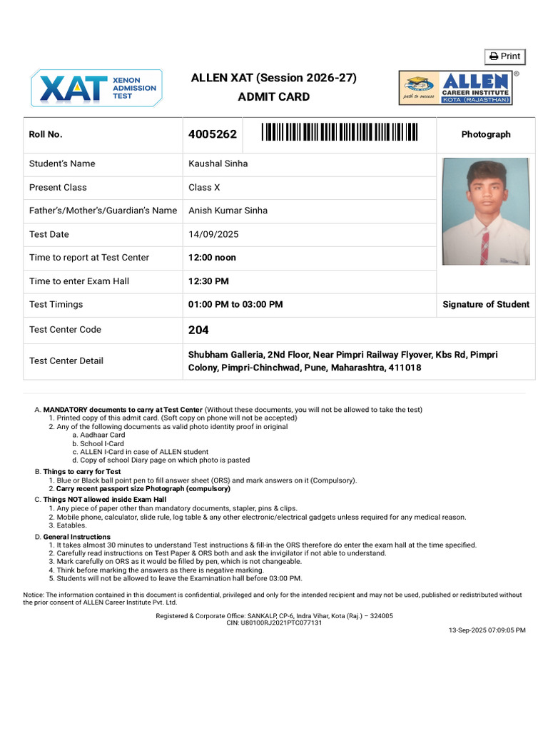 ALLEN XAT Admit Card Instructions | PDF