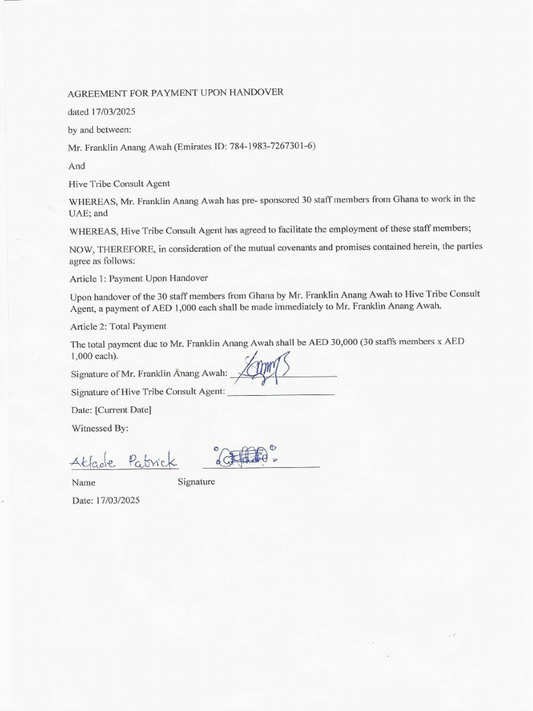 Agreement For Payment Upon Handover | PDF