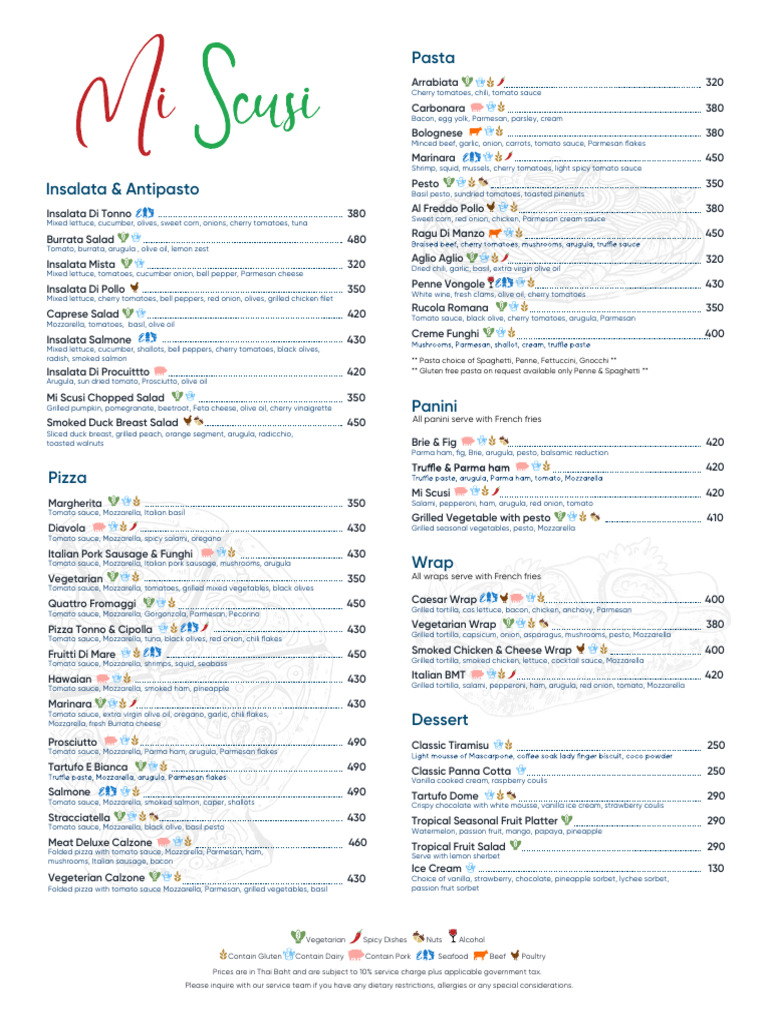VKHL Mi Scusi Menu Food Full Board 2 3 Course | PDF | Pesto | Eruca Sativa