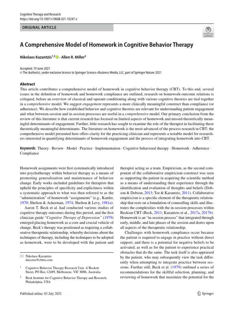 Homework Engagement in CBT Models | PDF | Cognitive Behavioral Therapy ...