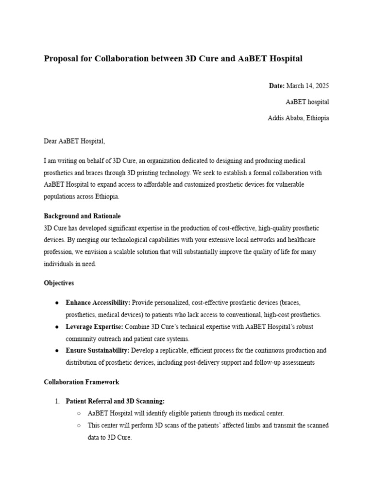 3D Cure Collaboration Proposal with AaBET | PDF | Prosthesis | Hospital