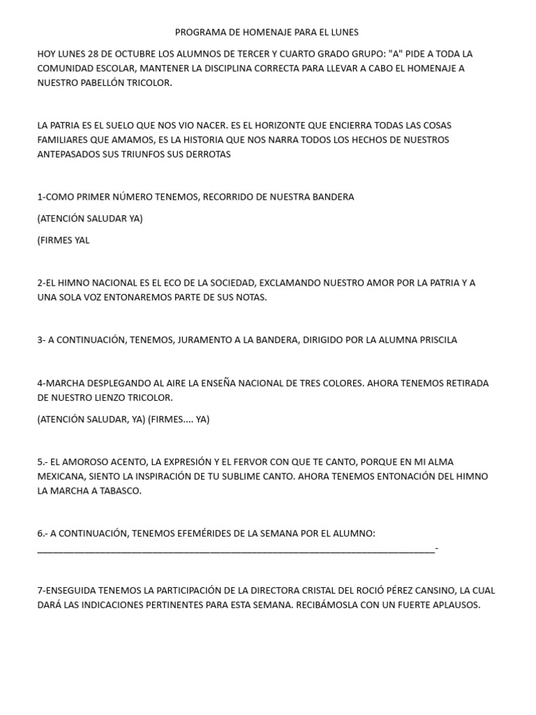 Programa de Homenaje para El Lunes 28 de Octubre | PDF