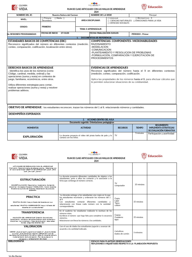 Plan de Clase de Matemáticas 1° Primaria | PDF | Aprendizaje ...