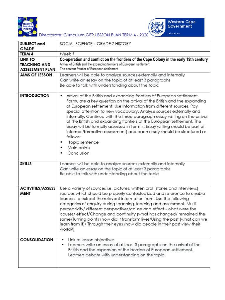 Lesson Plan Grade 7 SS History T4 W1 | PDF | Learning | Cognition