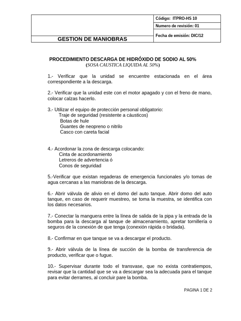 Procedimiento Seguro para Descargar Soda Caústica | PDF